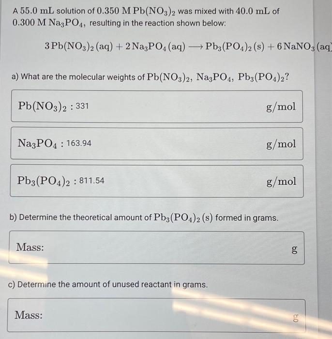 Solved A 55.0 mL solution of 0.350 M Pb(NO3)2 was mixed with | Chegg.com