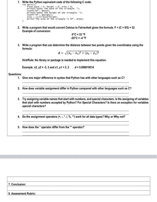 Solved 1. Write the Python equivalent code of the following | Chegg.com