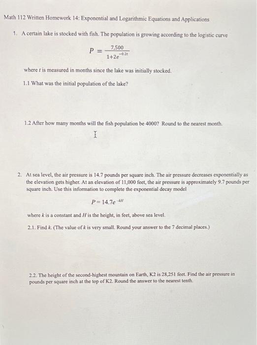 Solved Math 112 Written Homework 14: Exponential and | Chegg.com