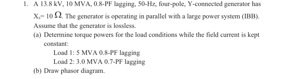 Solved A 13.8kV,10MVA,0.8-PF ﻿lagging, 50-Hz, ﻿four-pole, | Chegg.com