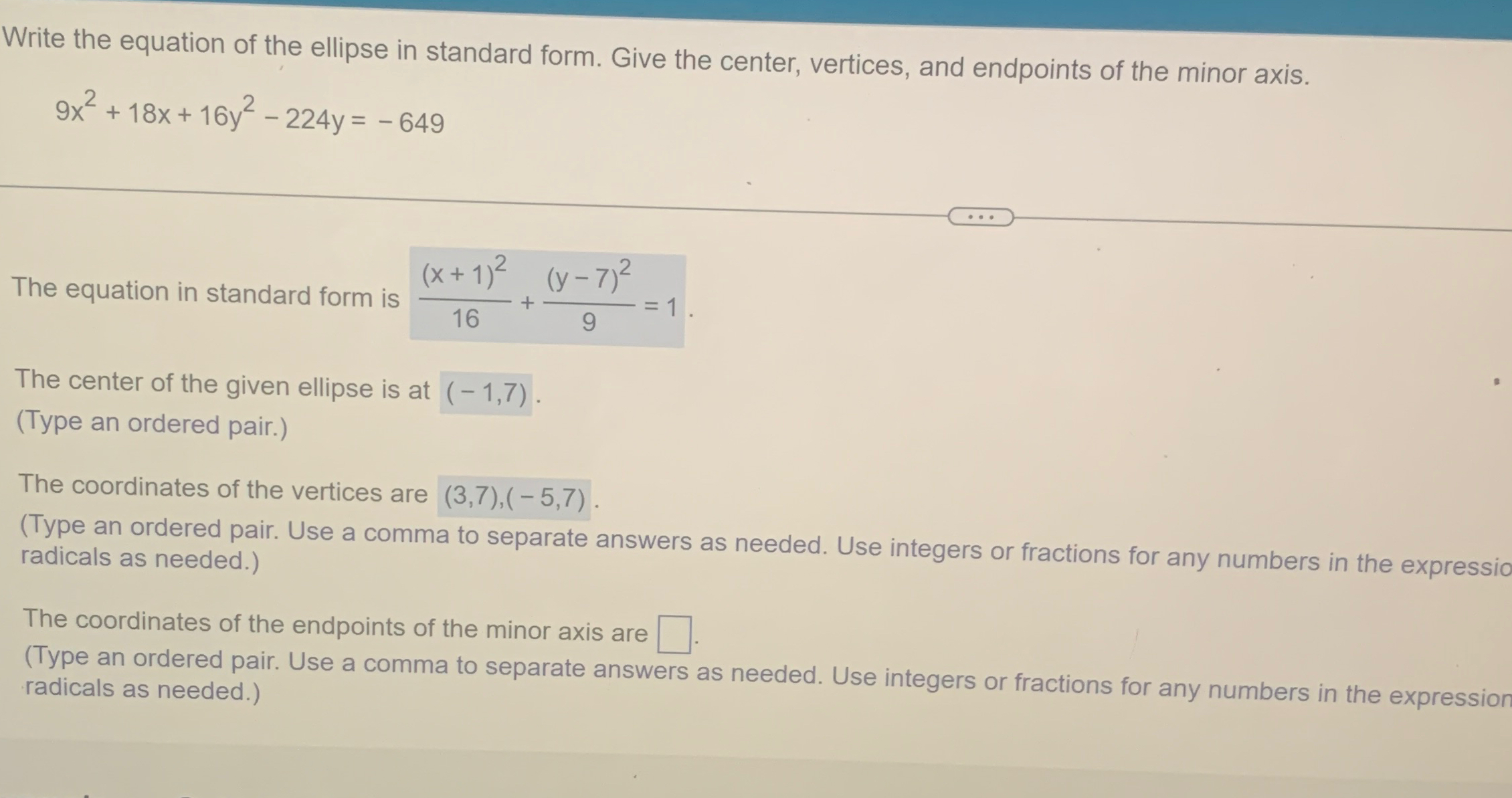 Solved Write the equation of the ellipse in standard form. | Chegg.com
