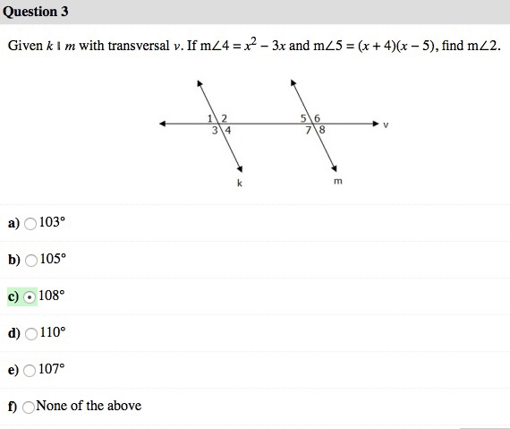 Solved Question 1 Given k l m with transversal v. If mZ2 = | Chegg.com