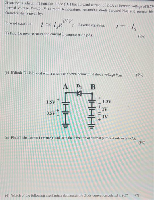 Solved Given that a silicon PN junction diode (D1) bas | Chegg.com