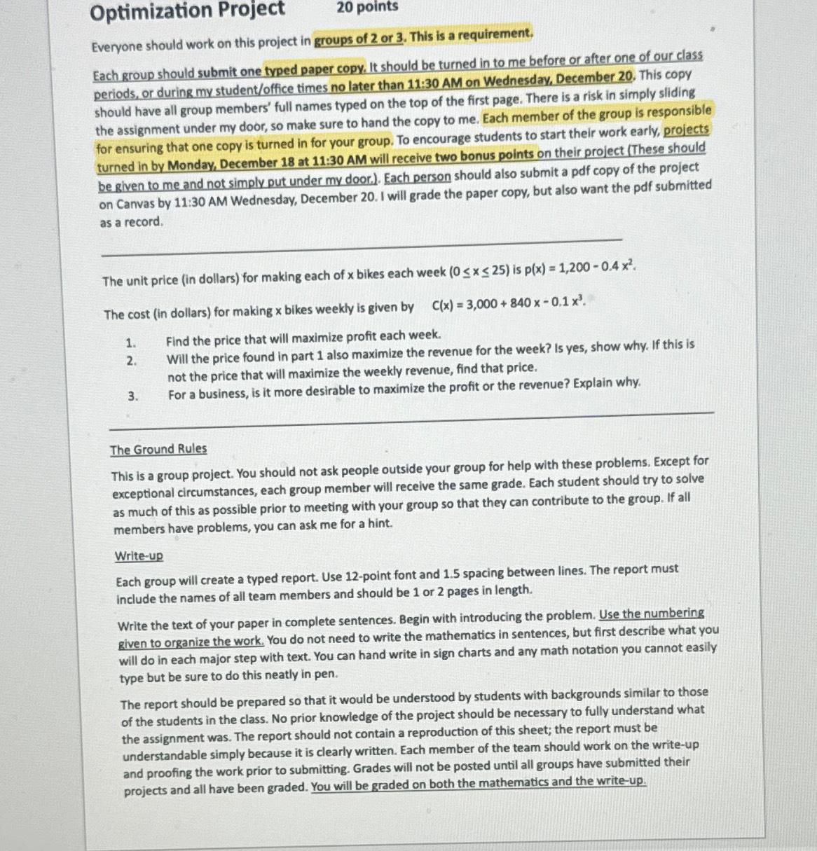 Solved Optimization Project20 ﻿pointsEveryone should work on | Chegg.com