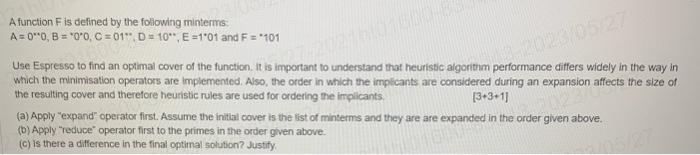 Solved A function F is defined by the following minterms: | Chegg.com