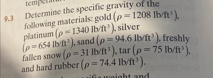 Solved 9.3 Determine the specific gravity of the following | Chegg.com