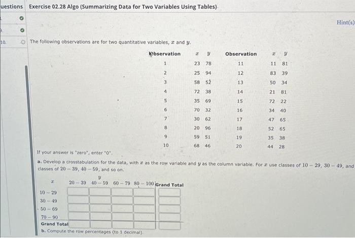 Solved a. Deveiop a crosstabulation for the data, with 2 as | Chegg.com