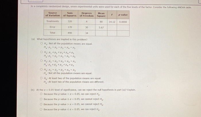 Solved In a completely randomized design, seven experimental | Chegg.com