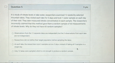 Solved Question 5ptsIn a study of nitrate levels in lake | Chegg.com