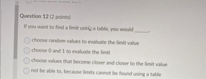 Solved Question 12 (2 points) If you want to find a limit | Chegg.com