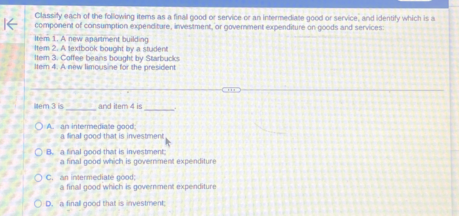 Solved Classify each of the following items as a final good | Chegg.com