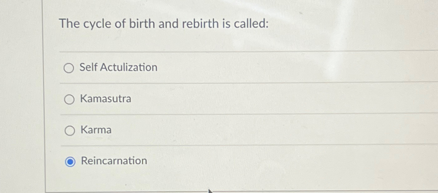 Solved The cycle of birth and rebirth is called:Self | Chegg.com