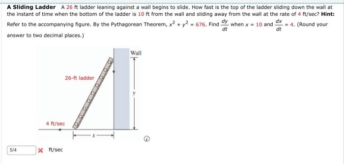 Solved A Sliding Ladder A 26ft ladder leaning against a wall | Chegg.com