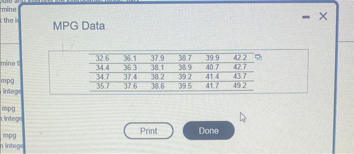 Solved The accompanying data represent the miles per gallon | Chegg.com