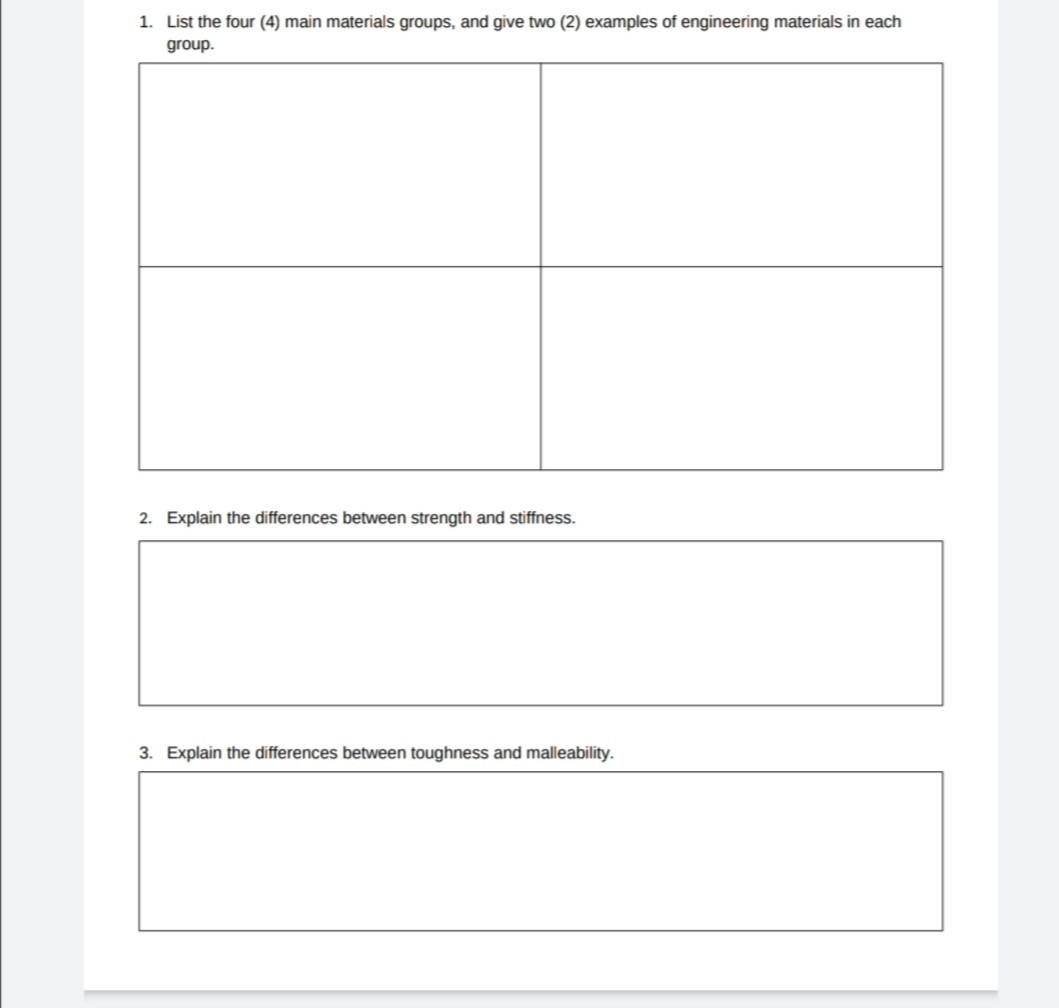 Solved 1. List the four (4) main materials groups, and give | Chegg.com