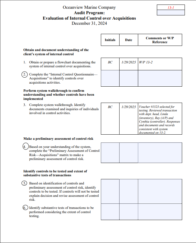 Solved Oceanview Marine Company Audit Program: Evaluation of | Chegg.com
