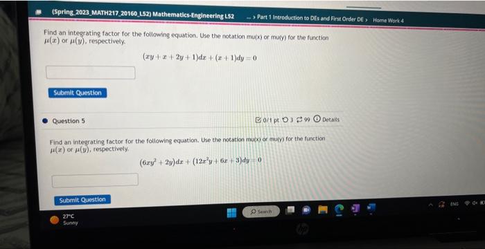 Solved Find an inteprating factor for the following | Chegg.com