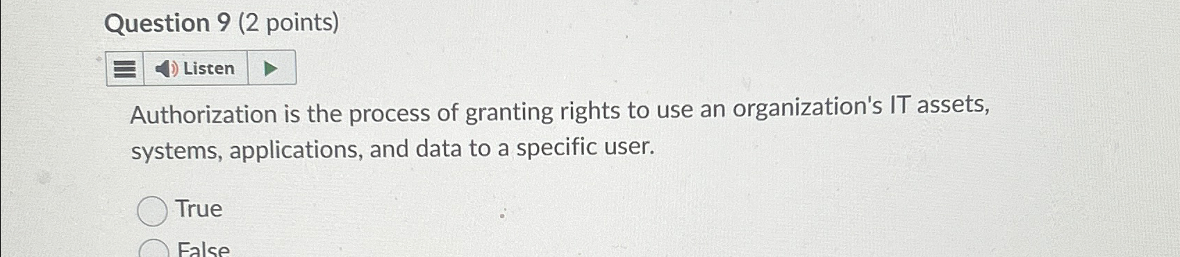 Solved Question 9 (2 ﻿points)Authorization is the process of | Chegg.com