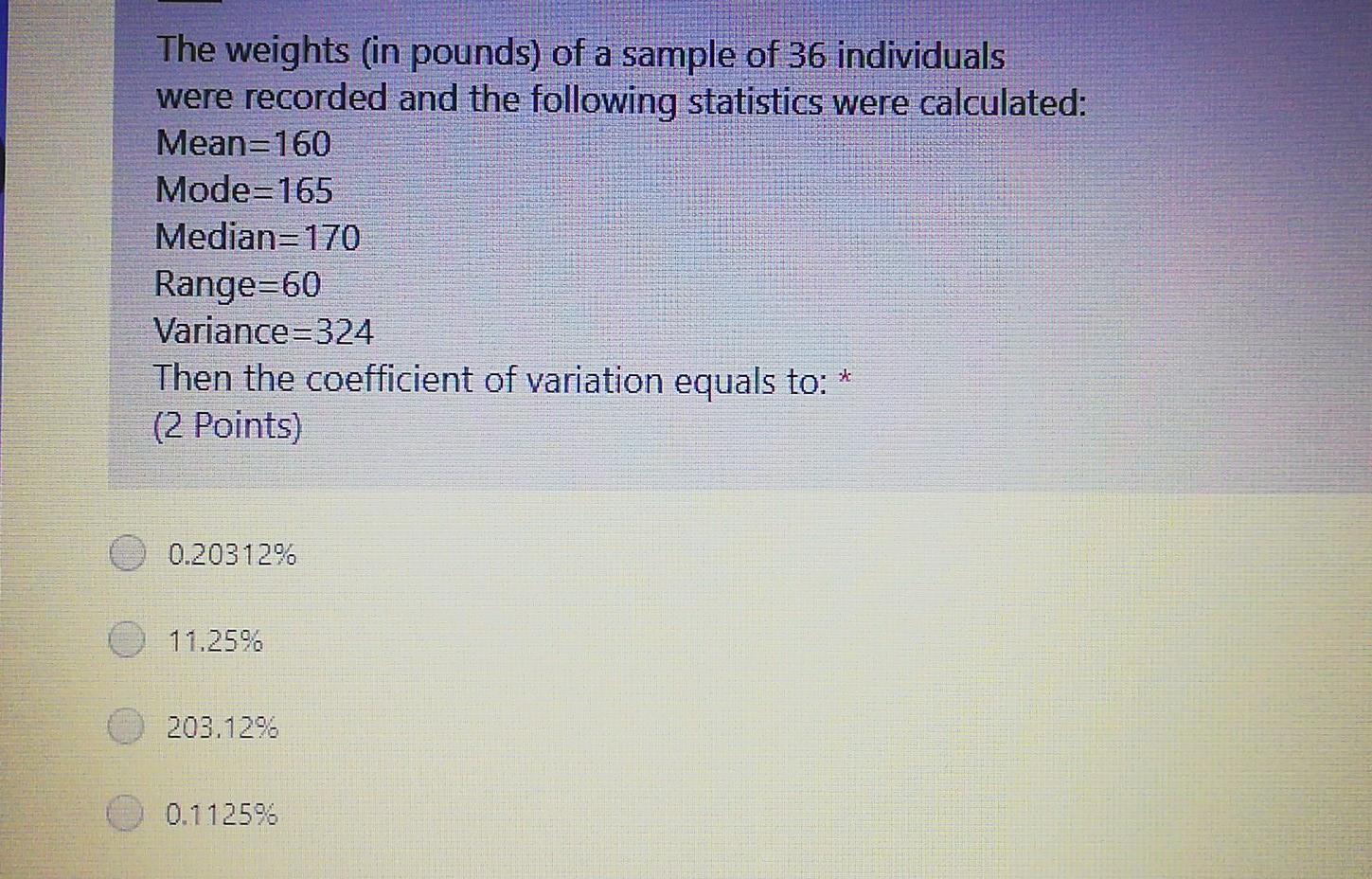 Solved The weights (in pounds) of a sample of 36 individuals | Chegg.com