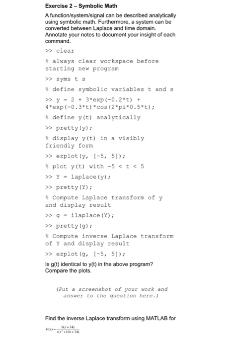 Exercise 2- Symbolic Math A function/system/signal | Chegg.com