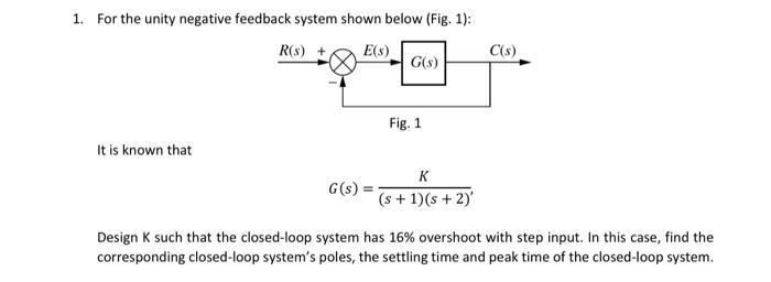 Solved 1. For the unity negative feedback system shown below | Chegg.com