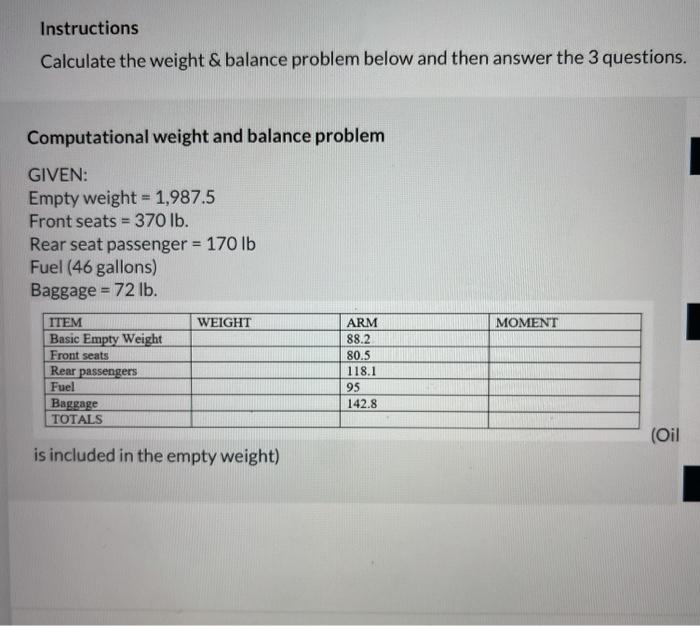 Instructions Calculate the weight & balance problem | Chegg.com