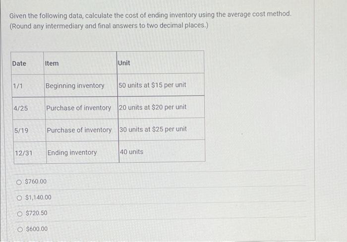 Solved Given the following data, calculate the cost of | Chegg.com