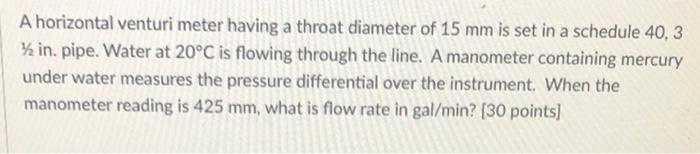 Solved A horizontal venturi meter having a throat diameter | Chegg.com
