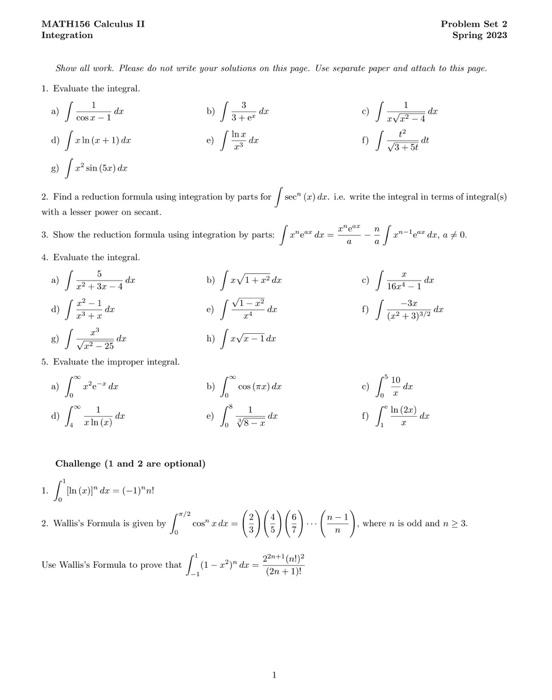 Math156 Calculus Ii Problem Set 2 Integration Spring