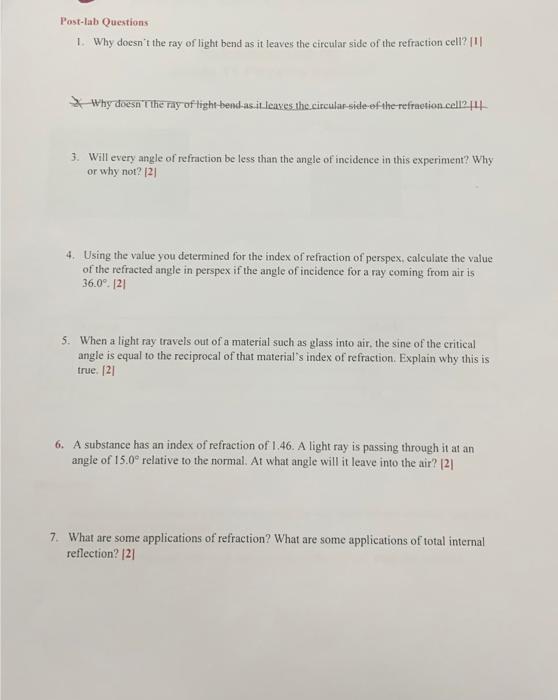 Solved 1. Why doesn't the ray of light bend as it leaves the | Chegg.com