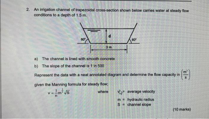 Solved An irrigation channel of trapezoidal cross-section | Chegg.com