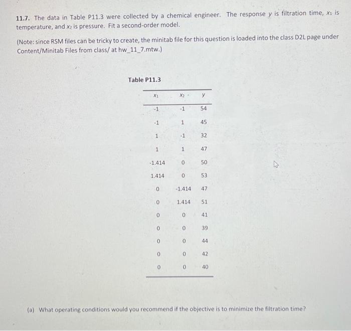 Solved 11.7. The data in Table P11.3 were collected by a | Chegg.com