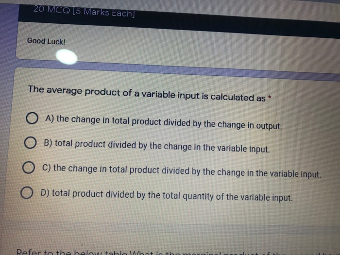 Solved 20 MCQ 15 Marks Each] Good Luck! The average product | Chegg.com