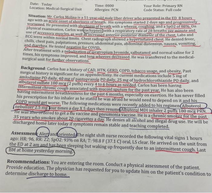 Solved Location: Medical-Surgical Unit Time: 0800 Allergies: | Chegg.com
