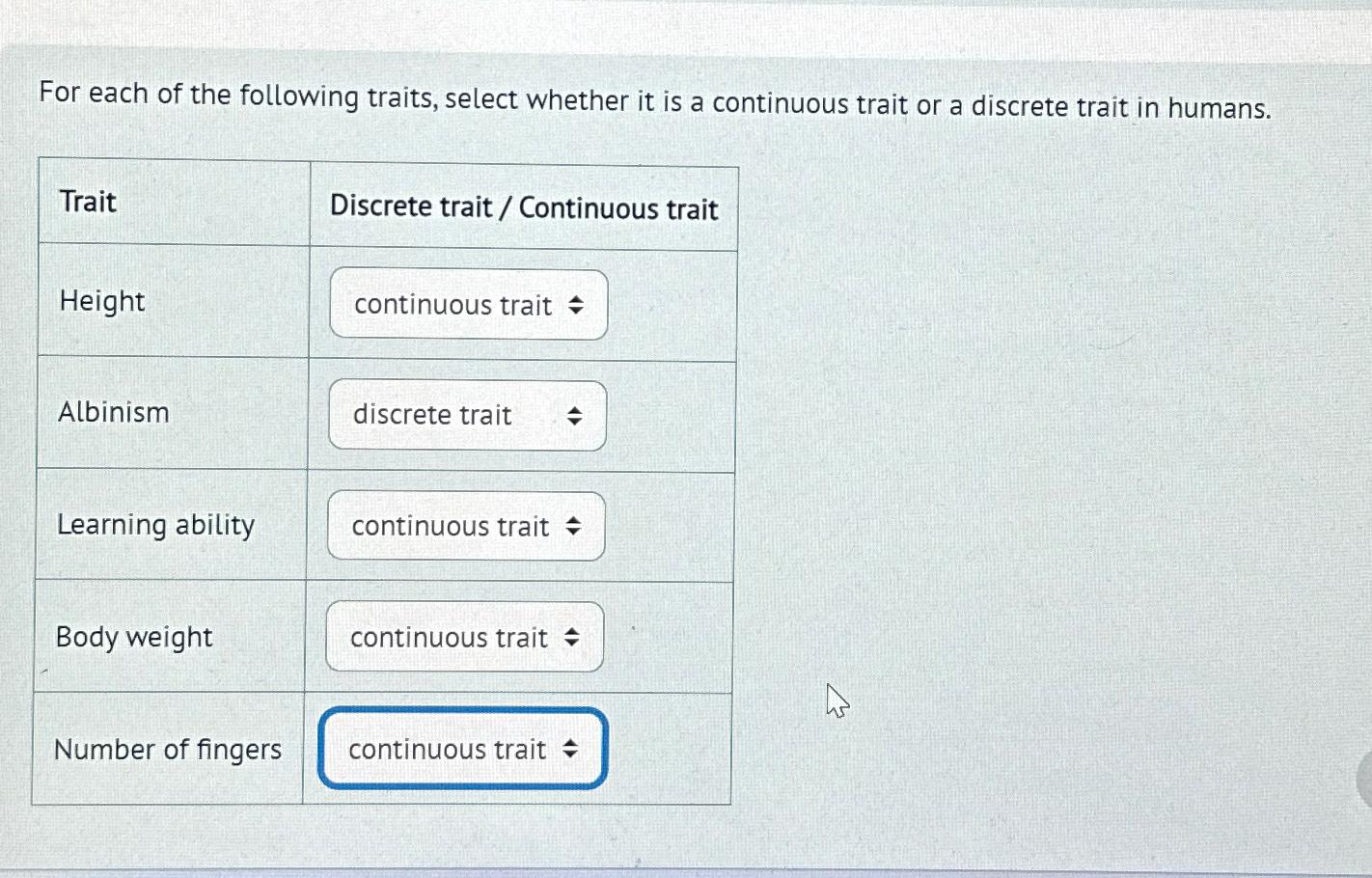 Solved For each of the following traits, select whether it | Chegg.com