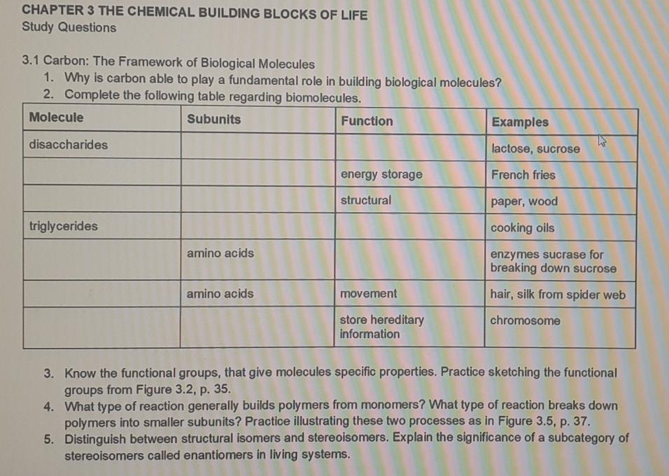 Solved CHAPTER 3 THE CHEMICAL BUILDING BLOCKS OF LIFE Study | Chegg.com