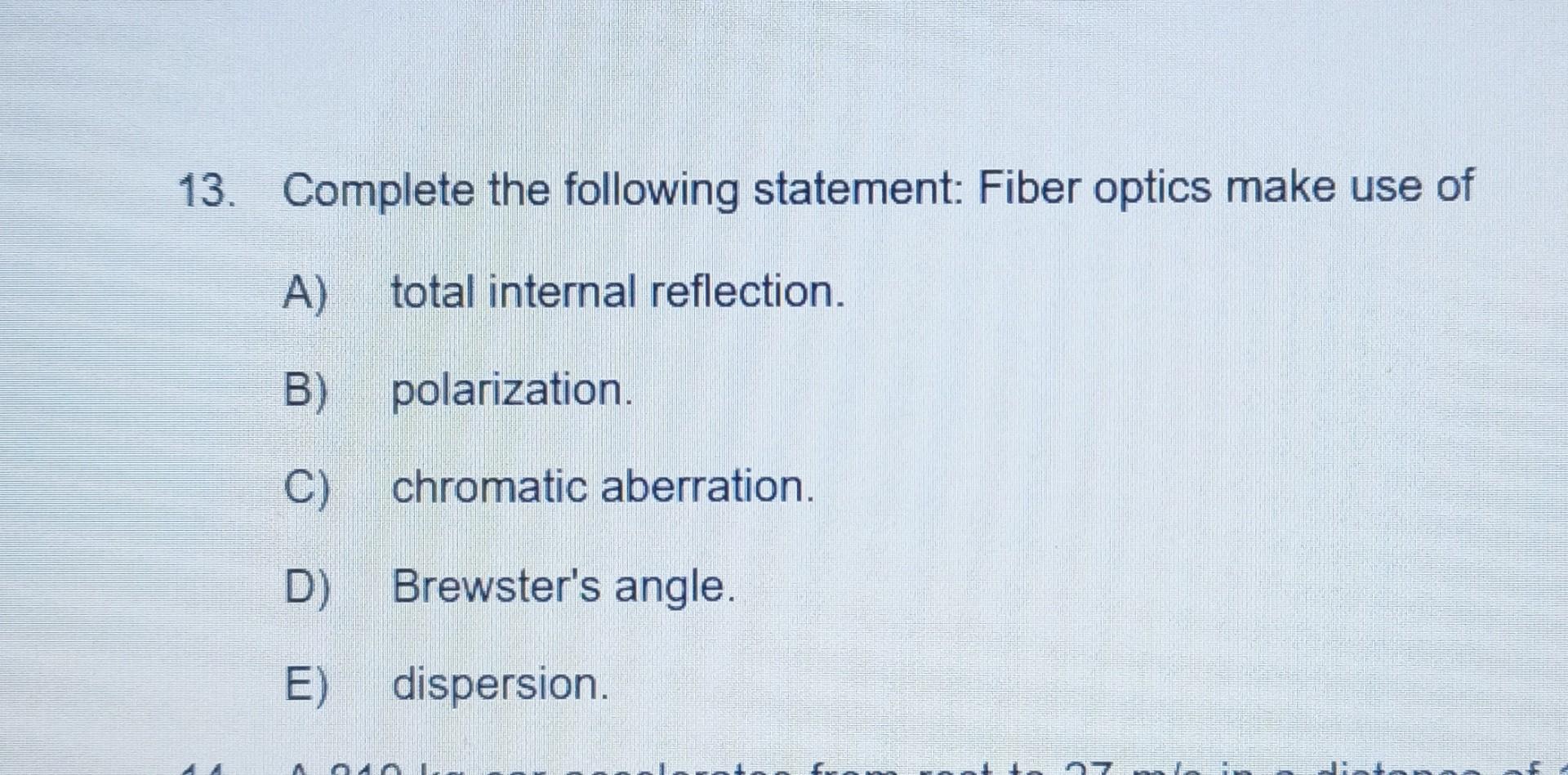 Solved 13. Complete the following statement: Fiber optics | Chegg.com
