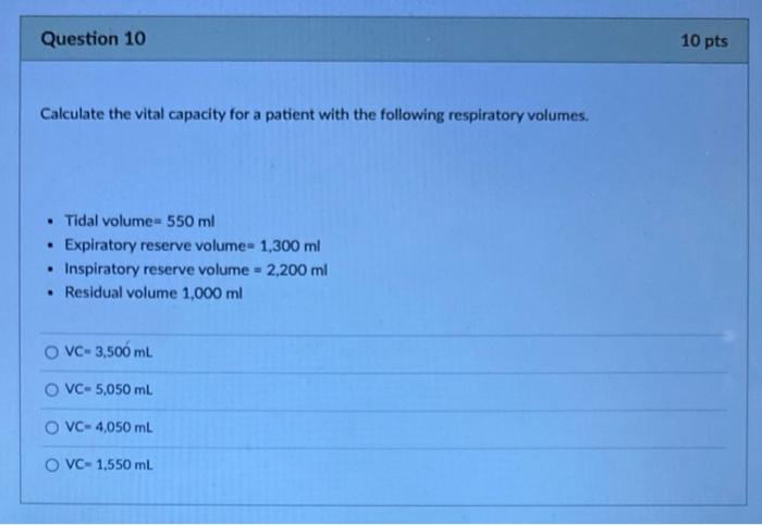 Solved Calculate the vital capacity for a patient with the | Chegg.com