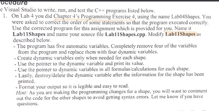 Solved ocedure e Visual Studio to write, run, and test the | Chegg.com