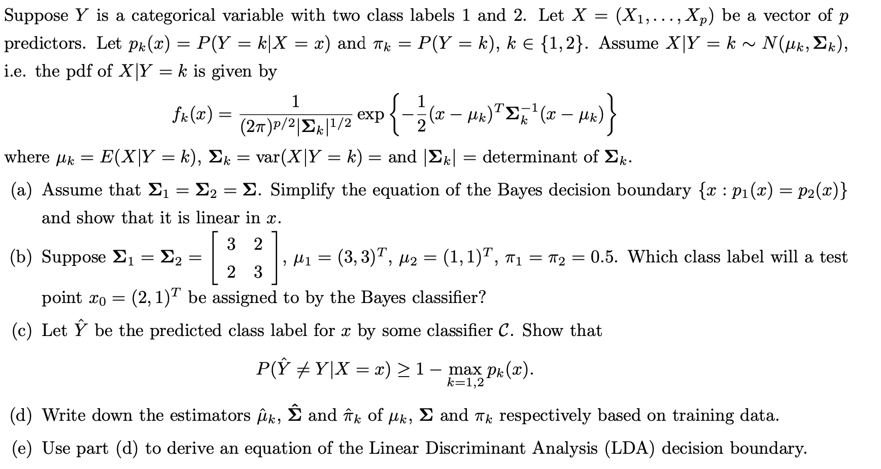 Solved Suppose Y is a categorical variable with two class | Chegg.com