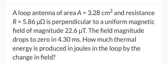 Solved A loop antenna of area A=3.28 cm2 and resistance | Chegg.com