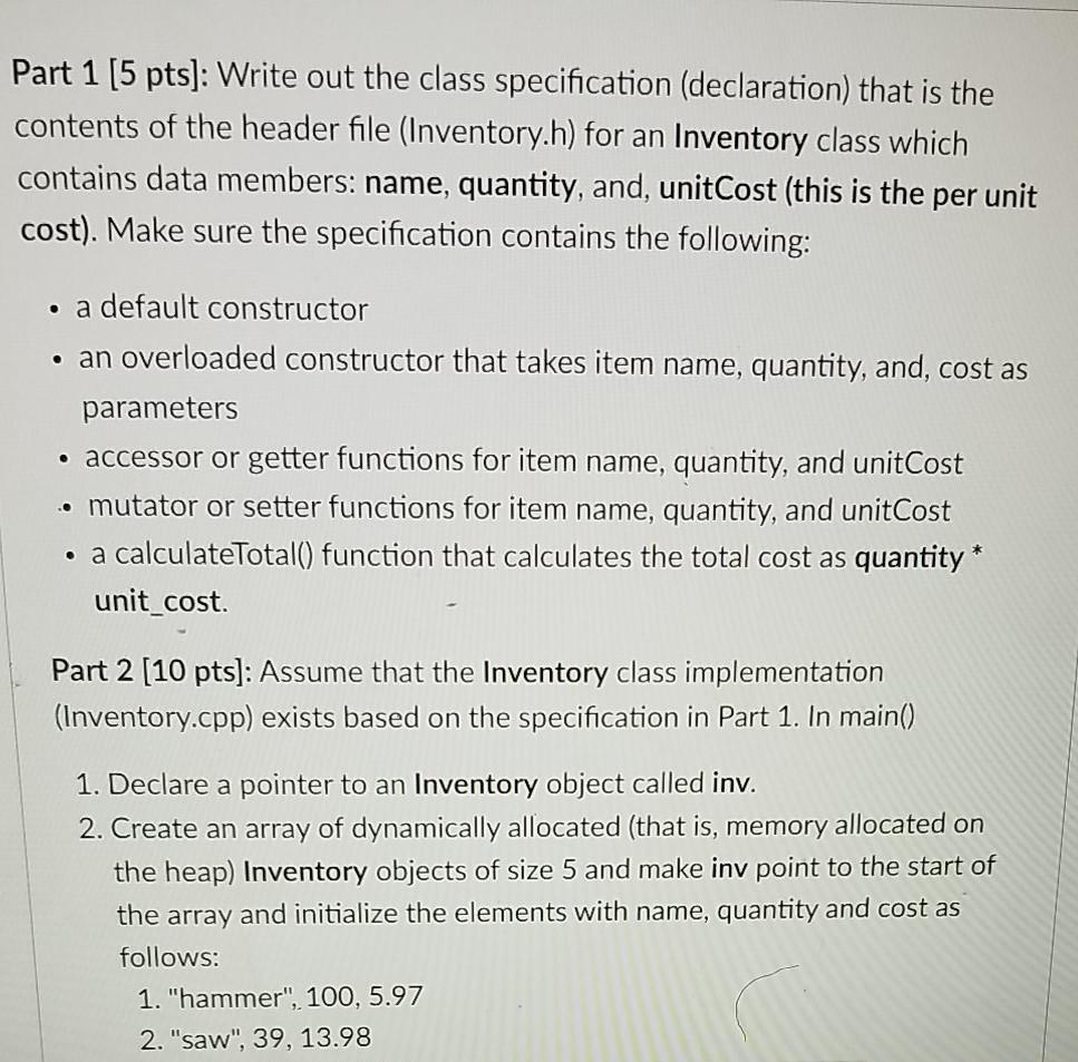 Solved Part 1 [5 pts): Write out the class specification | Chegg.com