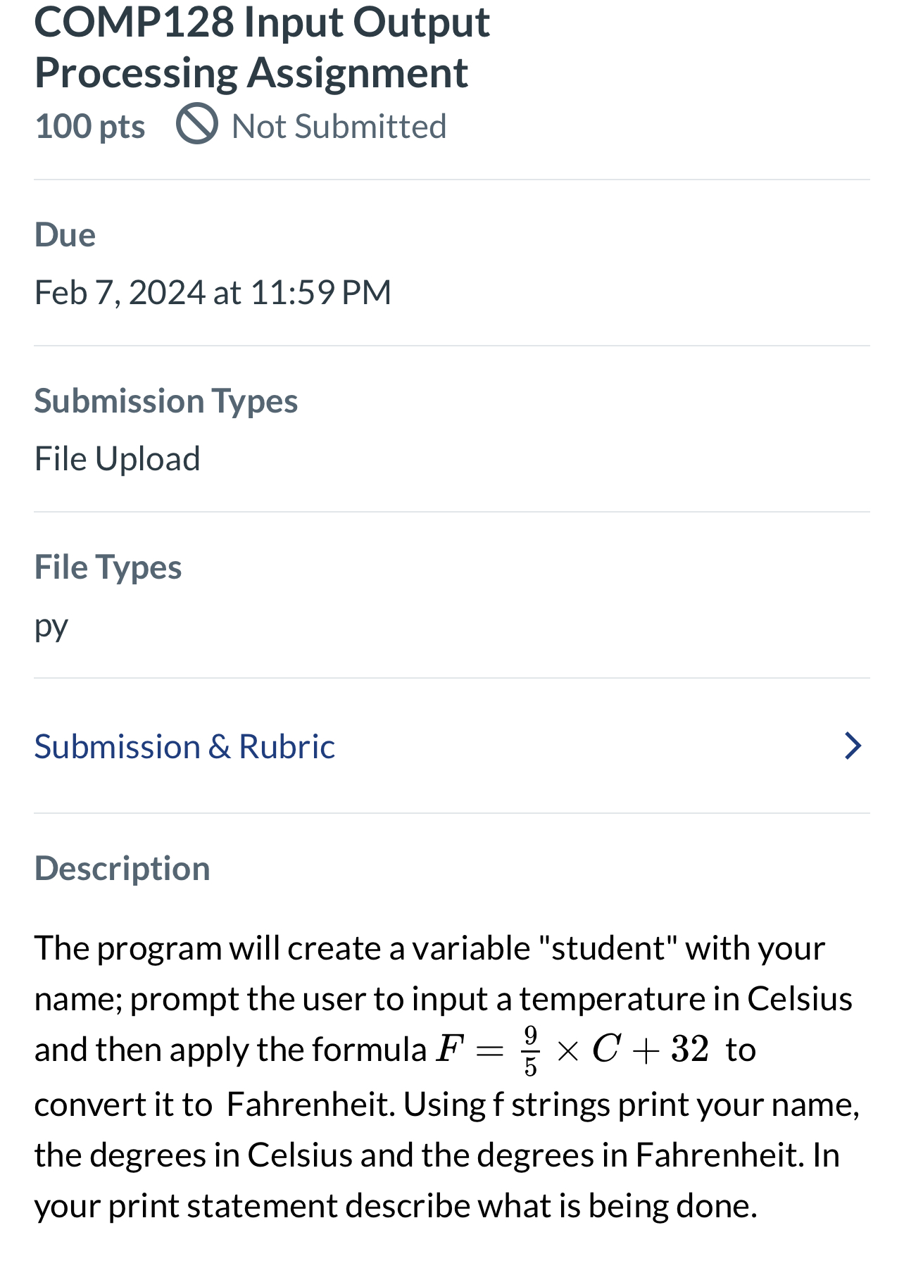 Solved COMP128 ﻿Input OutputProcessing Assignment100 ﻿ptsNot | Chegg.com