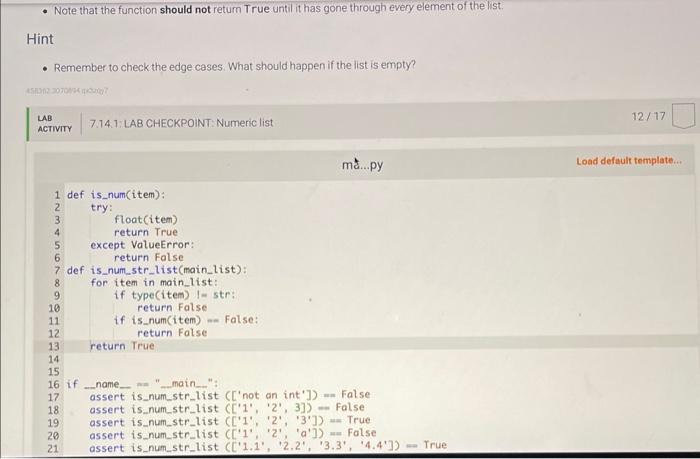 Solved Write a function is_num_str_List () that expects a | Chegg.com