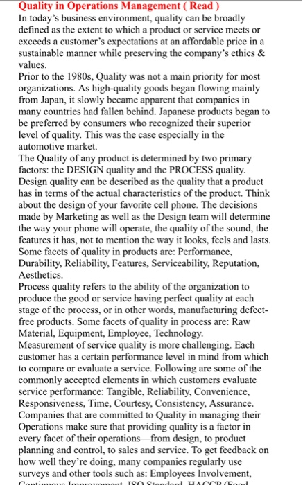 Quality in Operations Management (Read) In today's | Chegg.com