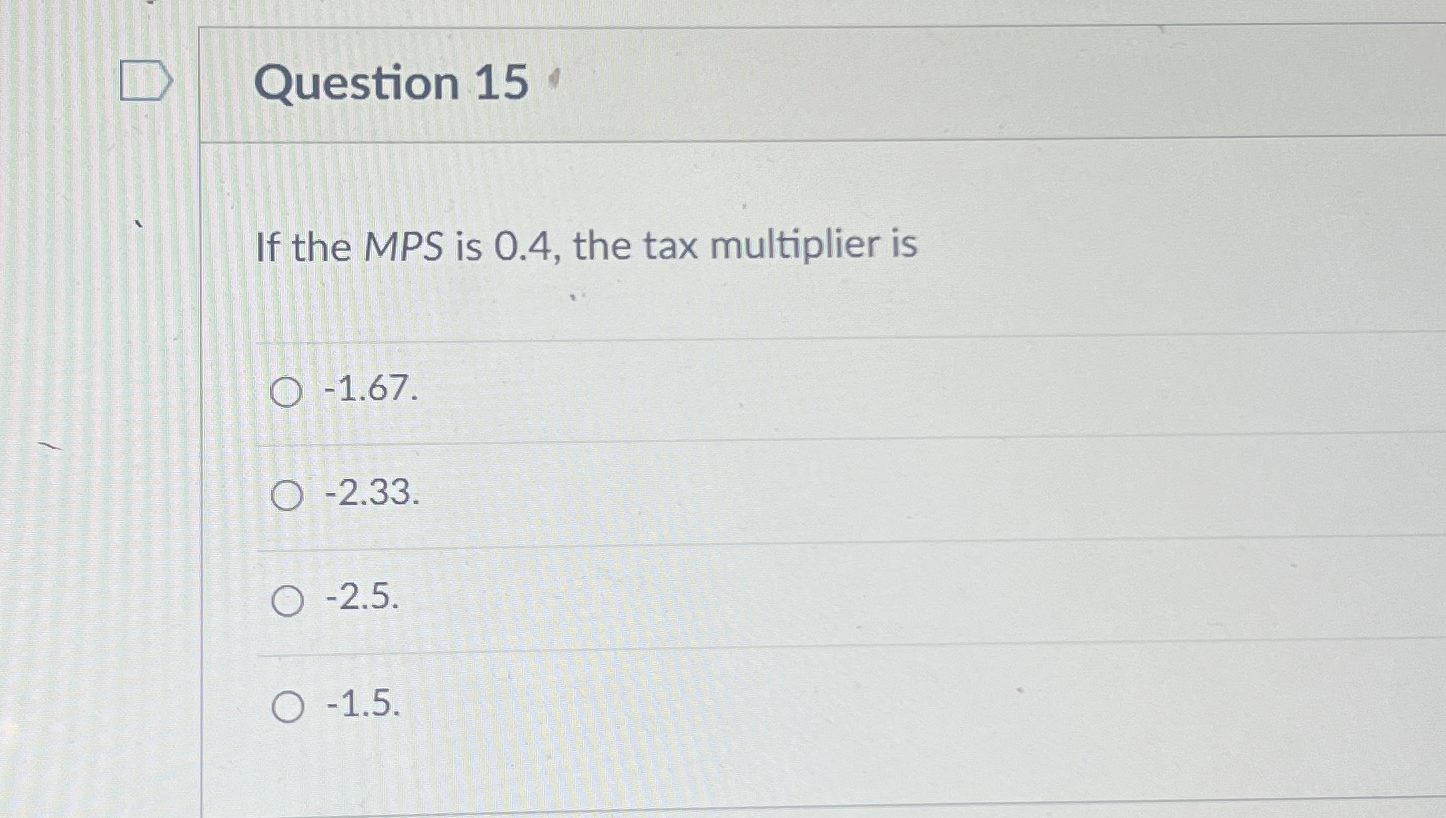 Solved Question 15 。If the MPS is 0.4 , ﻿the tax multiplier | Chegg.com