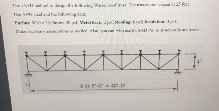 Use LRFD method to design the following Warren roof | Chegg.com