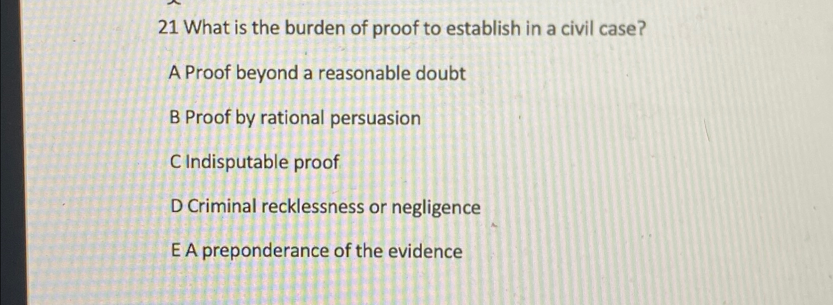 Solved 21 ﻿What is the burden of proof to establish in a | Chegg.com