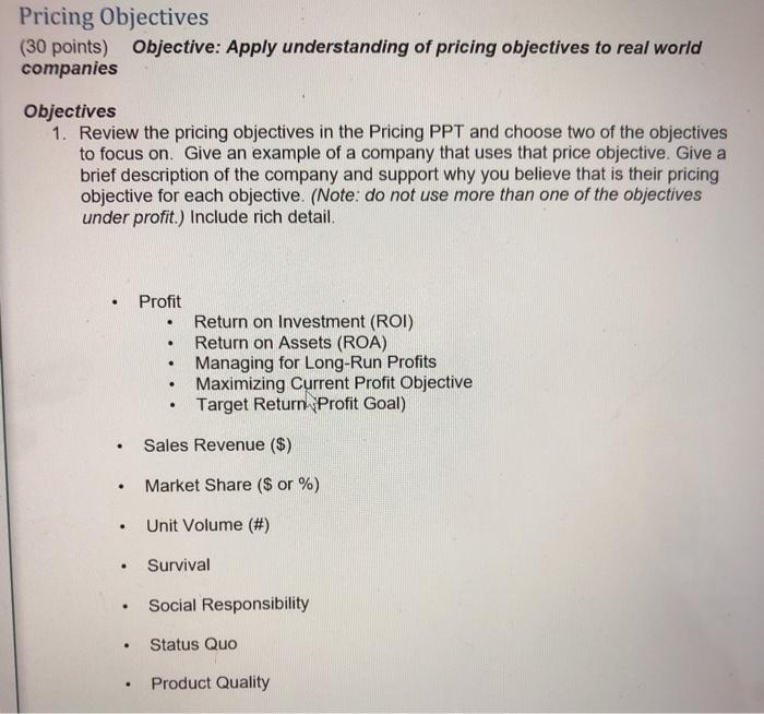 Solved Pricing Objectives (30 points) Objective: Apply | Chegg.com