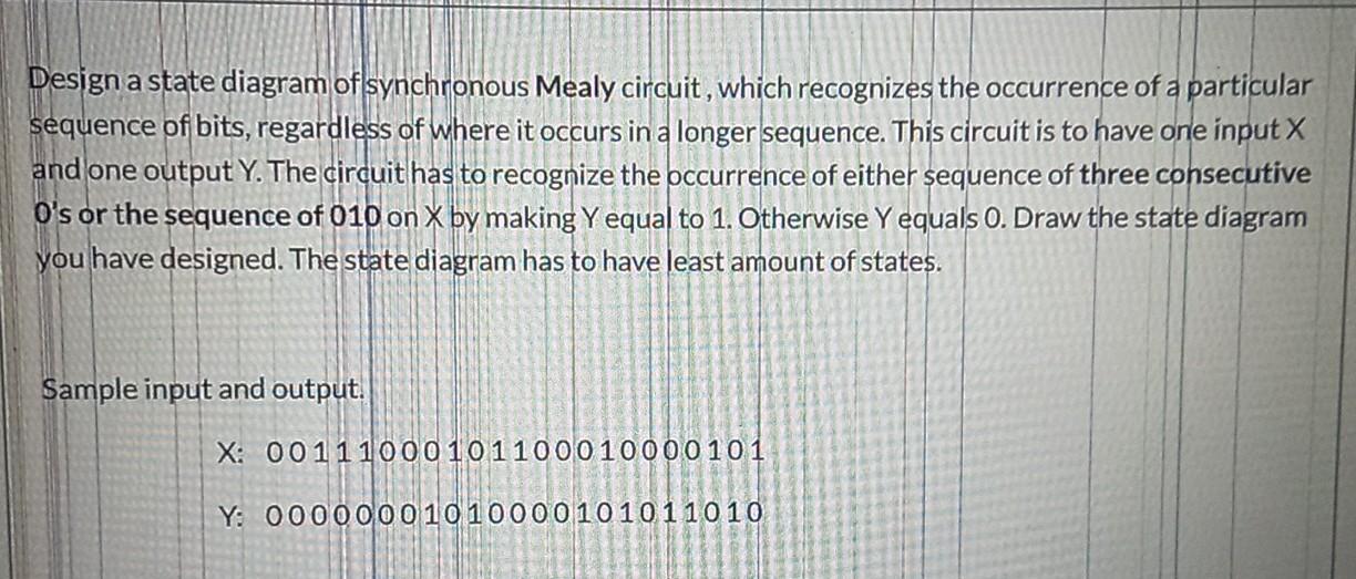 Solved Design a state diagram of synchronous Mealy circuit, | Chegg.com